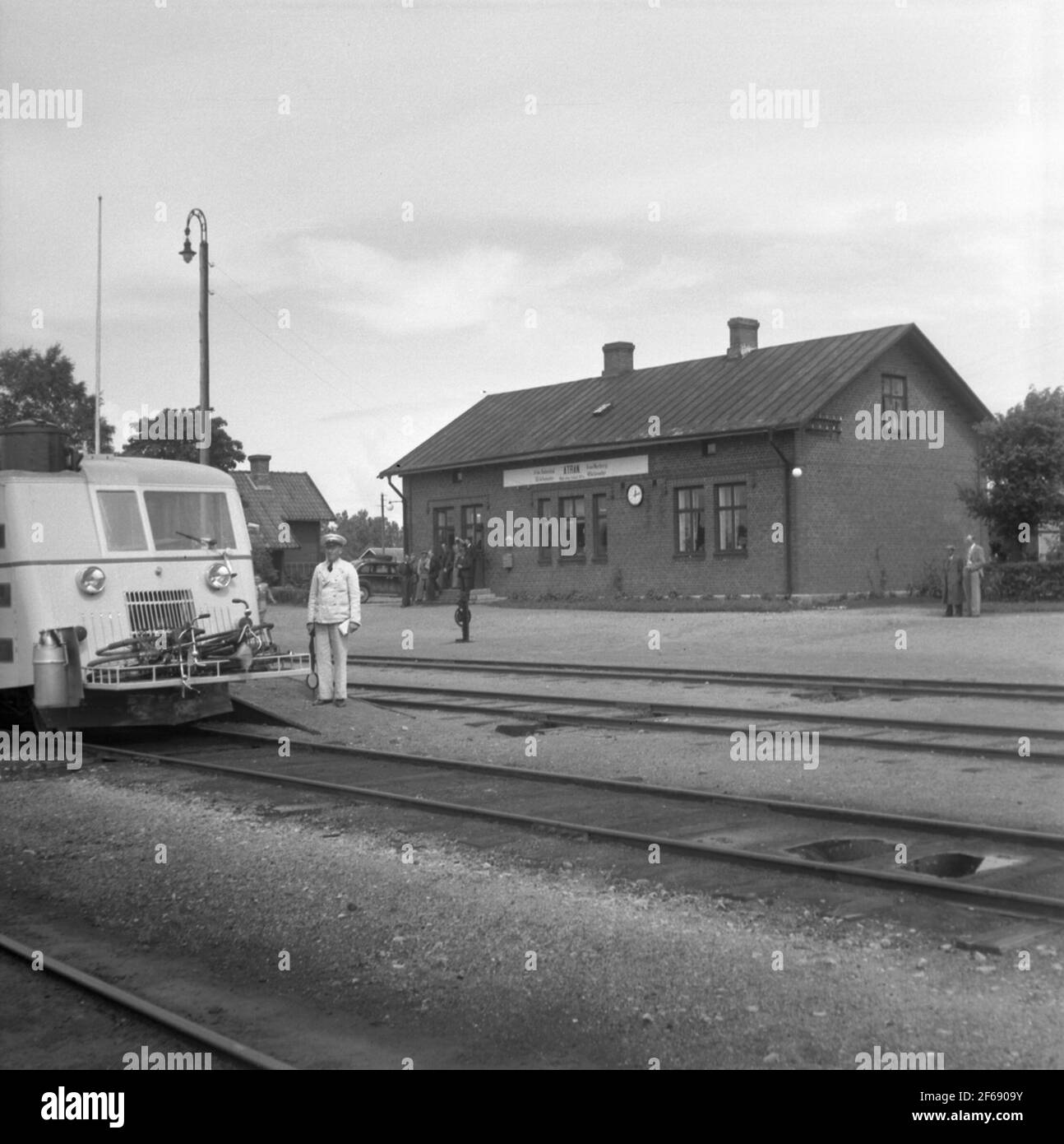 Corner railway station. Rail bus with gauge operation Stock Photo - Alamy