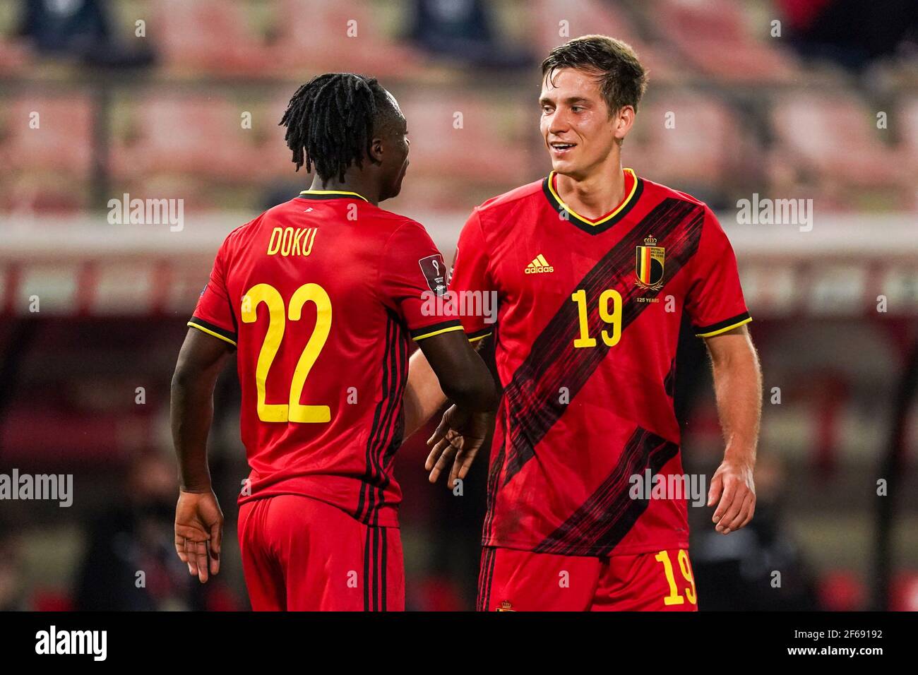 LEUVEN, BELGIUM - MARCH 30: Jeremy Doku of Belgium and Dennis Praet of ... LEUVEN, BELGIUM - MARCH 30: Jeremy Doku of Belgium and Dennis Praet of ...