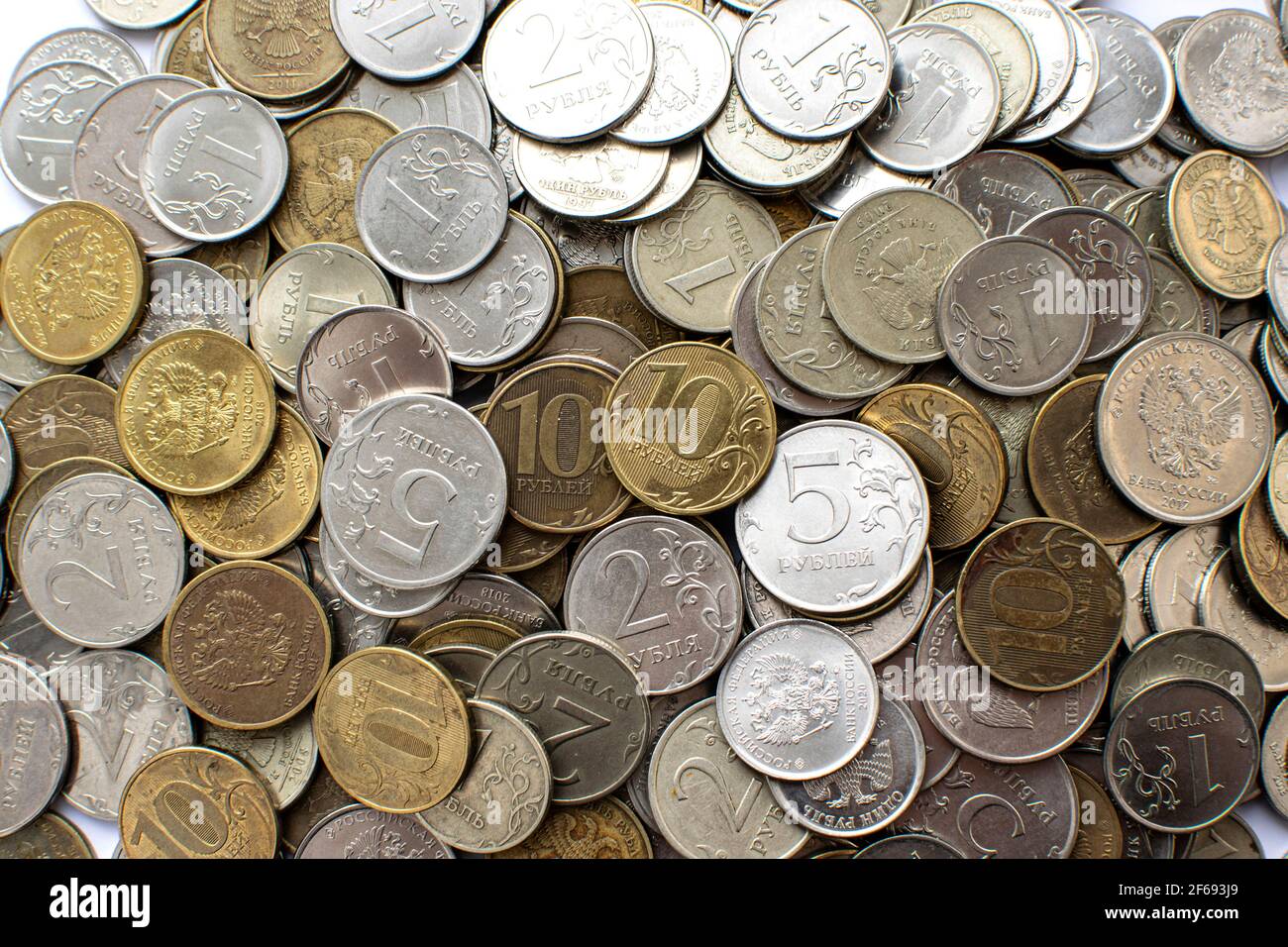 Russian coins close-up. View from above. Coins in denominations of one ...