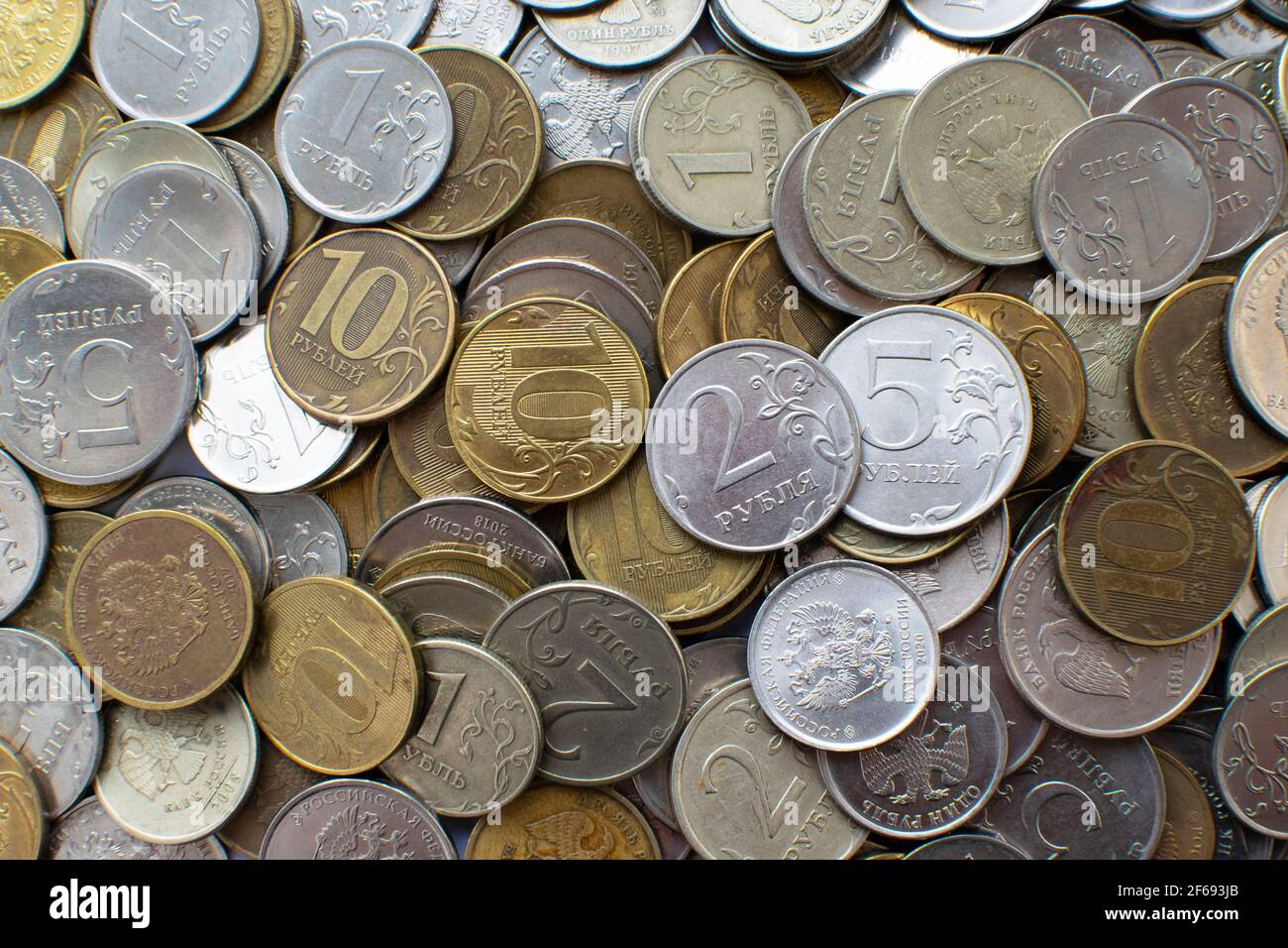 Russian coins close-up. View from above. Coins in denominations of one ...