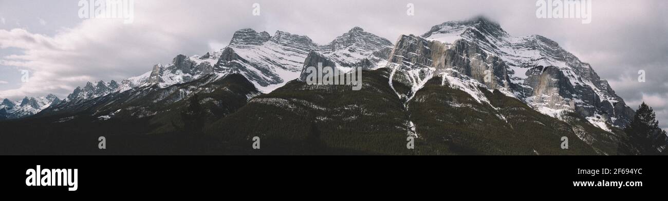Panoramic of a Snow Dusted Mount Rundle in Banff Alberta Stock Photo ...
