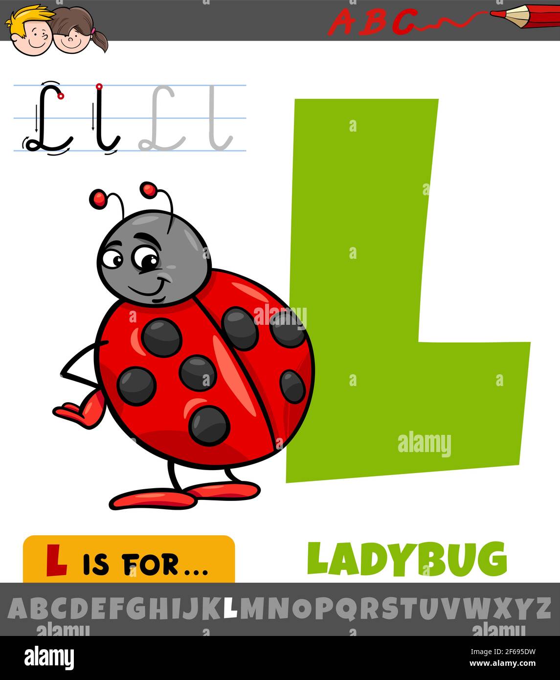 Educational cartoon illustration of letter L from alphabet with ladybug ...