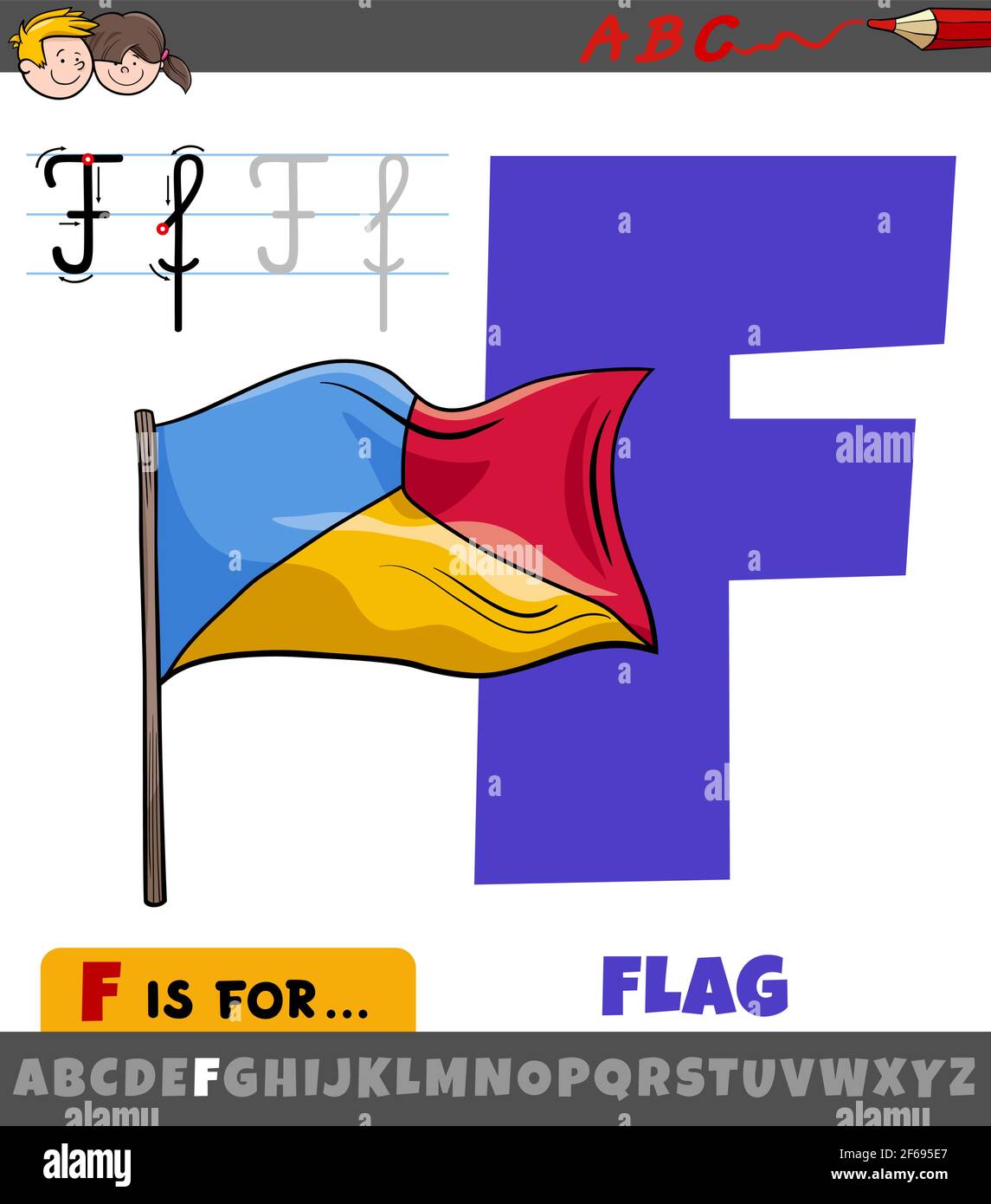 Educational cartoon illustration of letter F from alphabet with flag ...