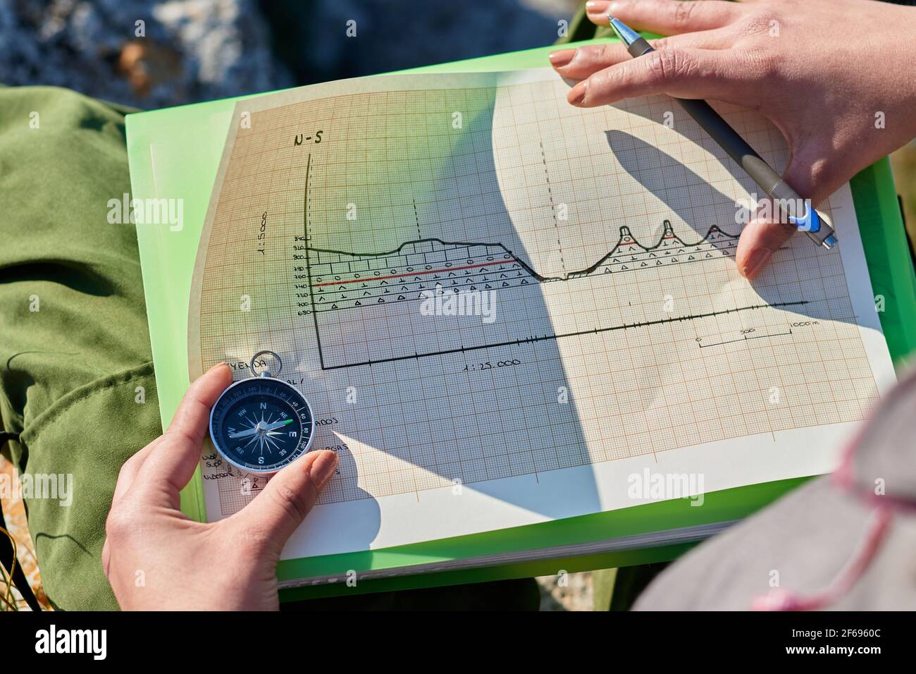 Woman explorer and geographer analyzes the environment with a compass ...