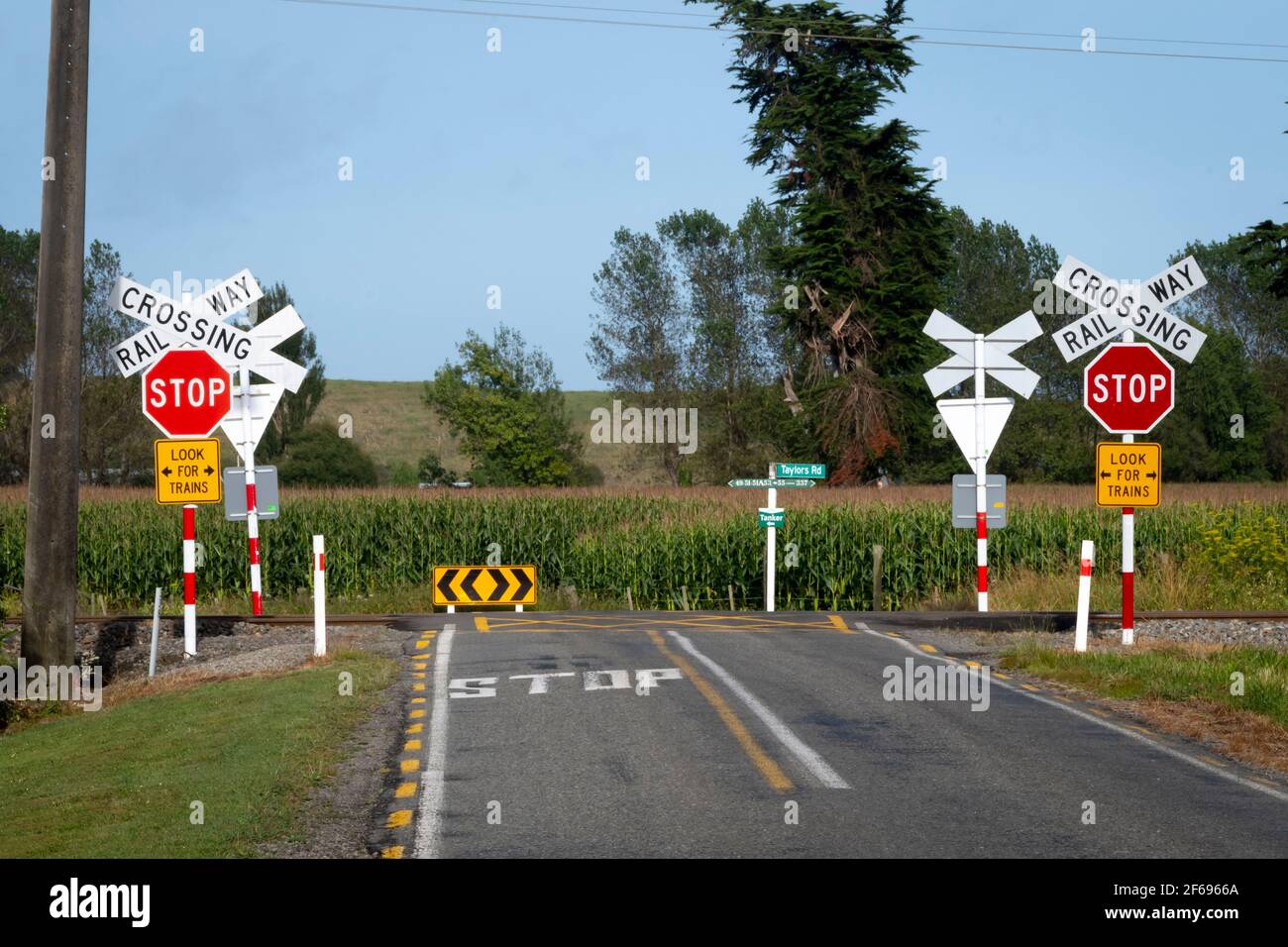 Stop signs at railway level crossing, Otaki, Horowhenua, North Island ...