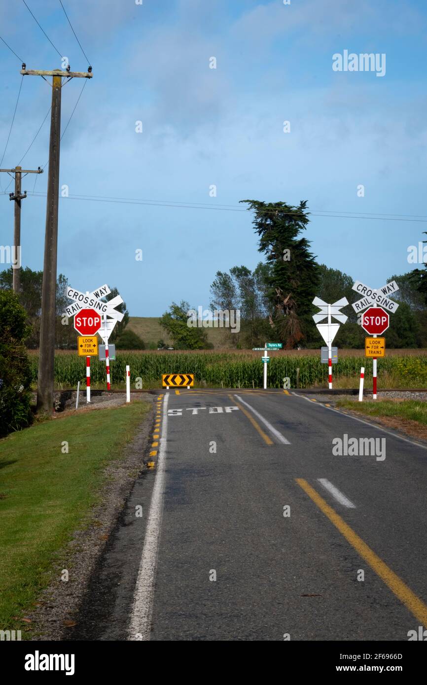 Stop signs at railway level crossing, Otaki, Horowhenua, North Island ...