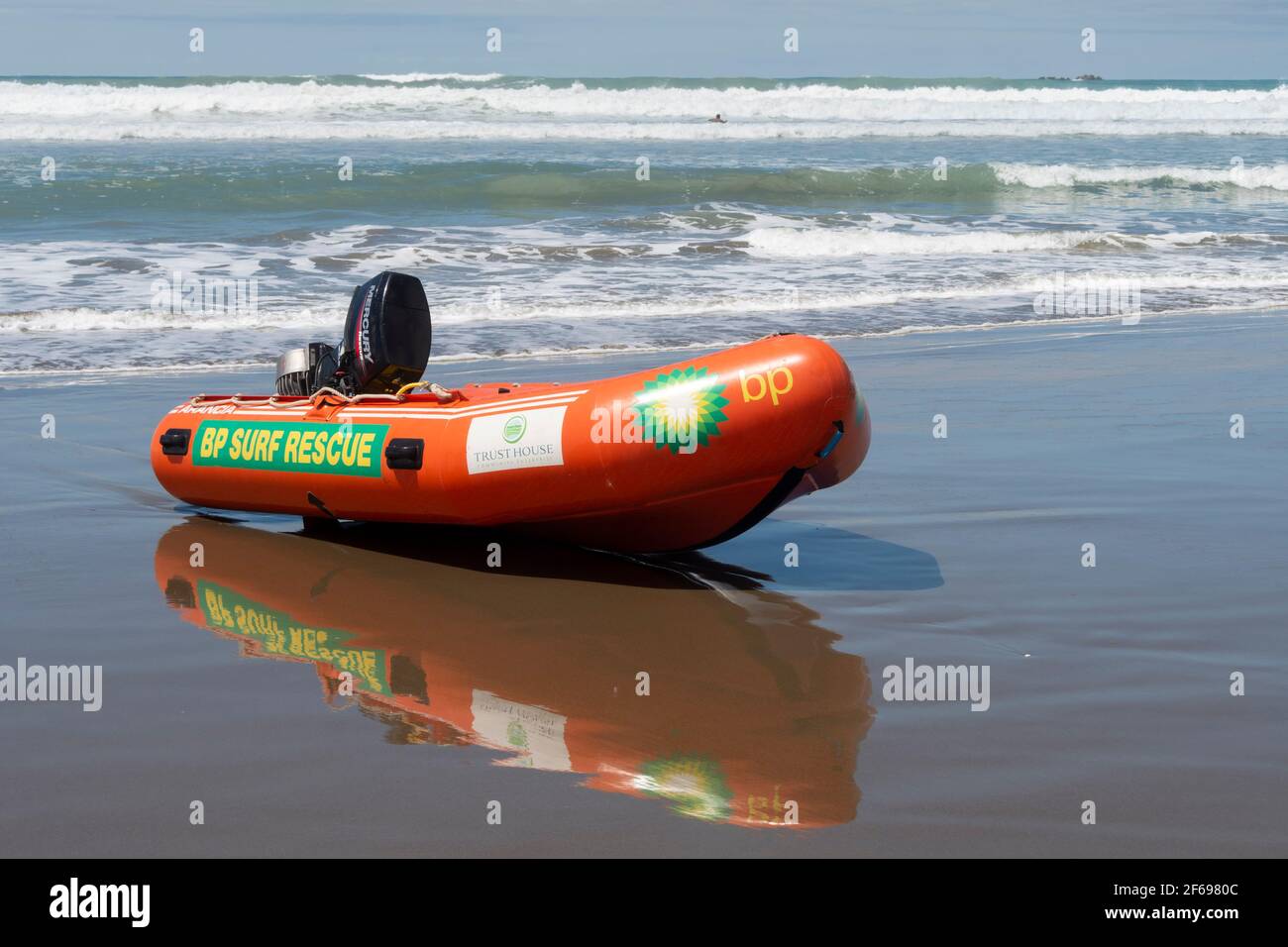 Surf lifesavers and rescue boat at Riversdale beach, Wairarapa, North ...