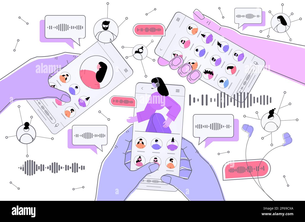 hands using smartphones communicate by voice messages audio chat ...