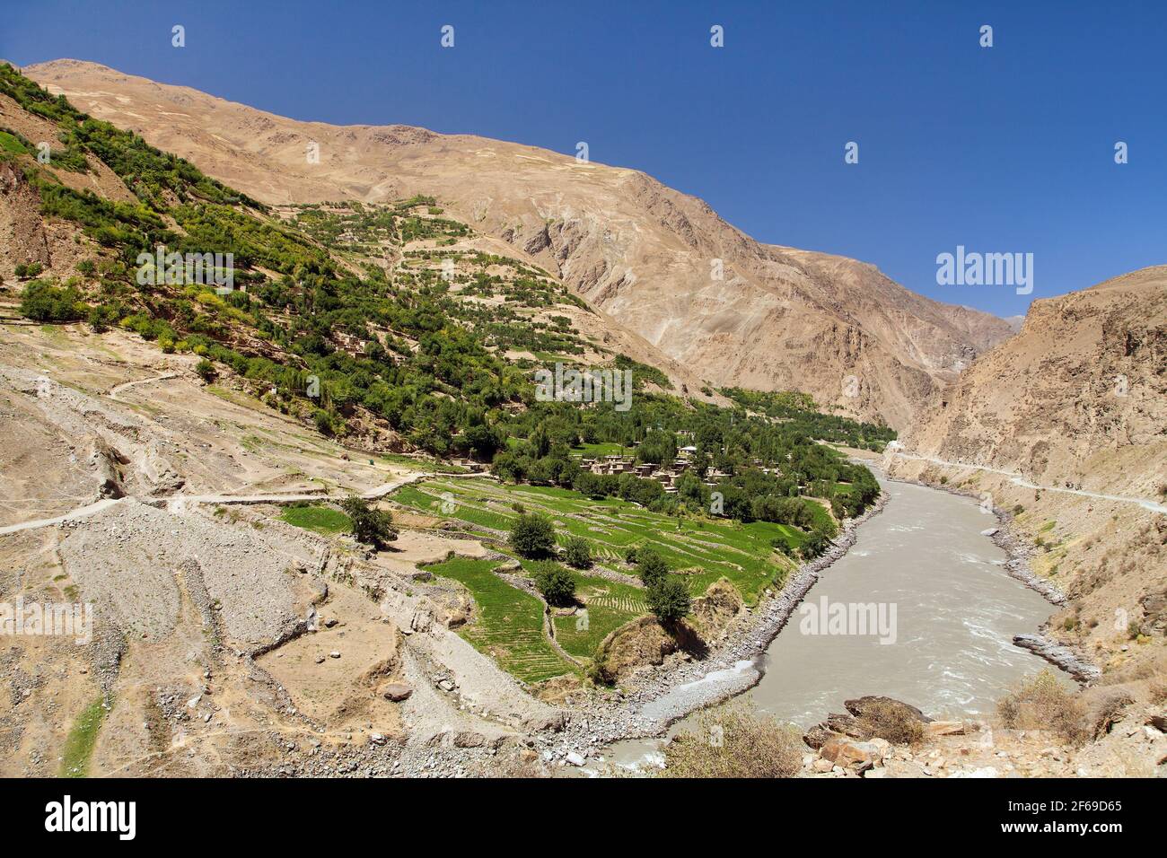 Panj river and Pamir mountains, Panj is upper part of Amu Darya river ...
