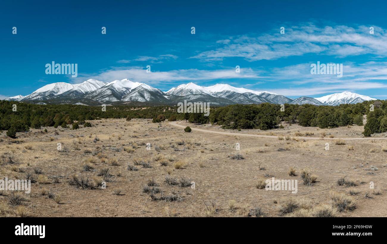Panorama view to the west of the snow capped Collegiate Peaks, Sawatch ...