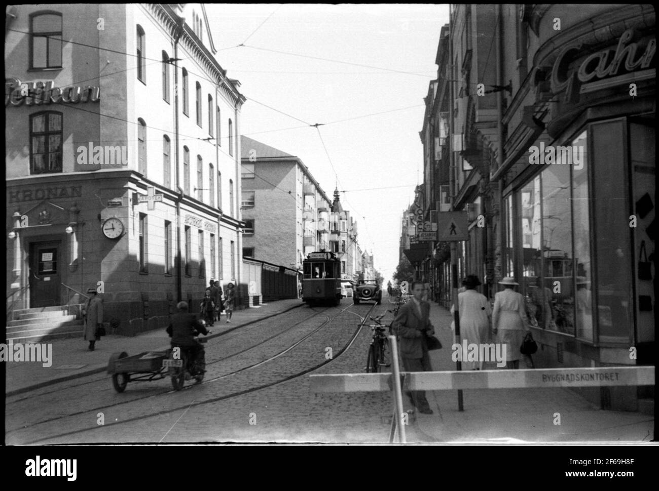 Norrköping Tramway, NS tram on ringline 1 on Garden street in ...