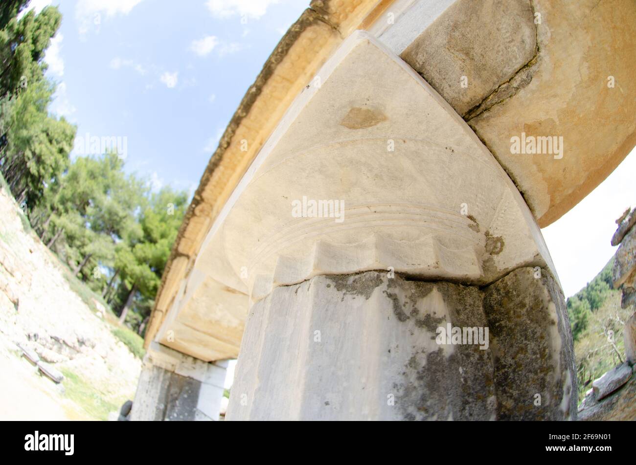 The theatre of the Amphiareion oropos Greece,Close up column marble of ...