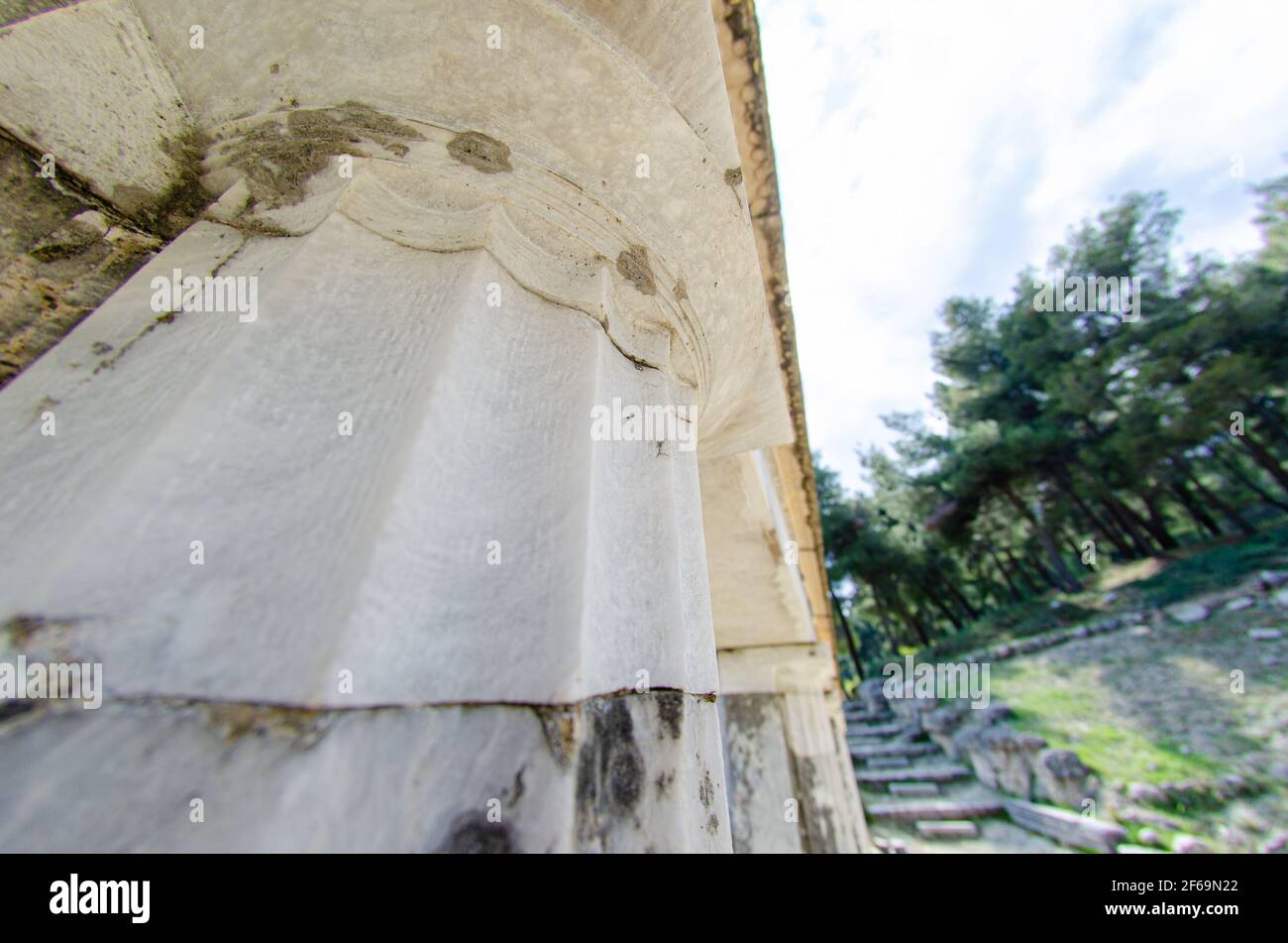 The theatre of the Amphiareion oropos Greece,Close up column marble of ...