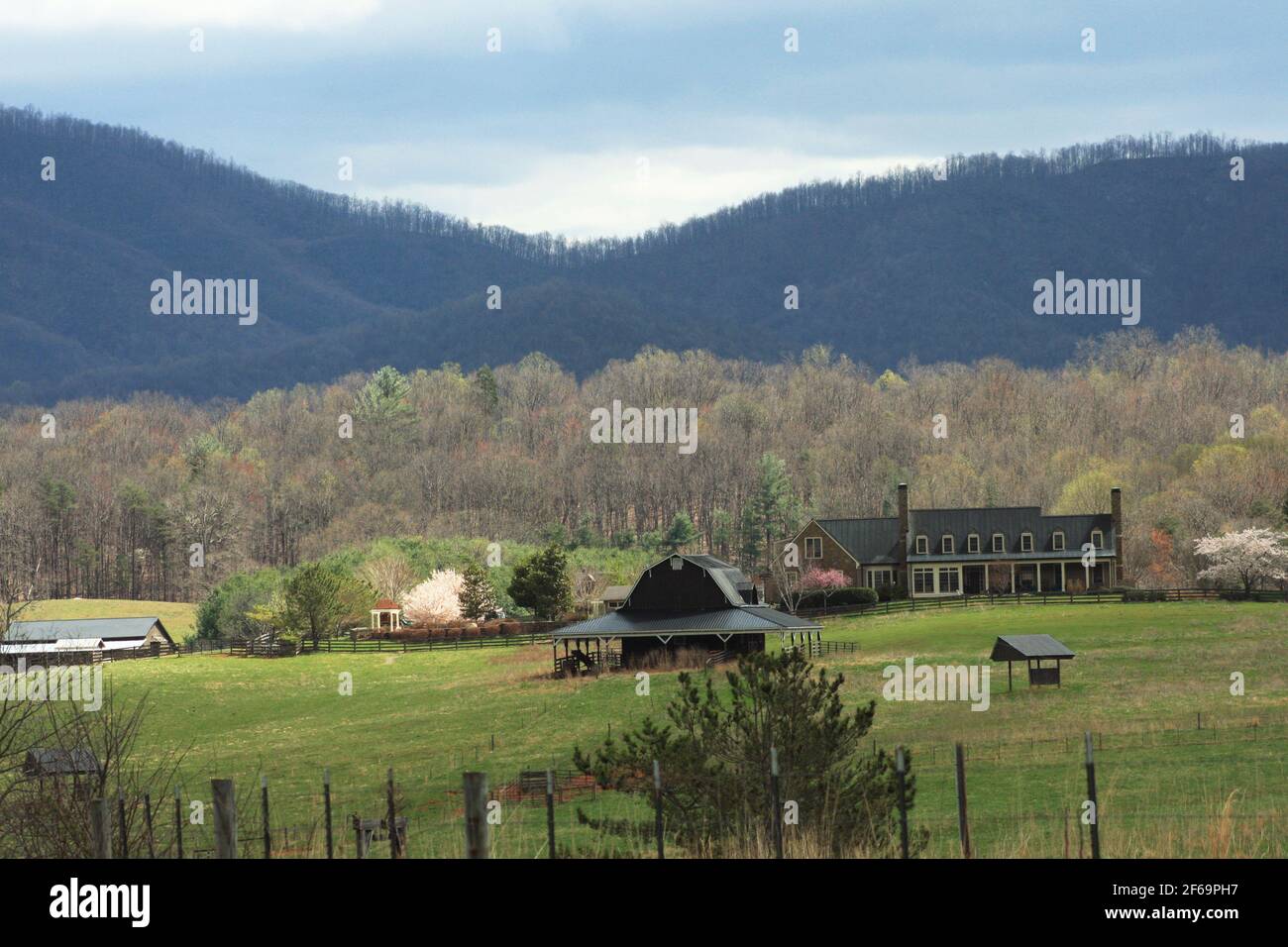 Springtime landscape in rural Virginia, USA. Farmhouse with large ...