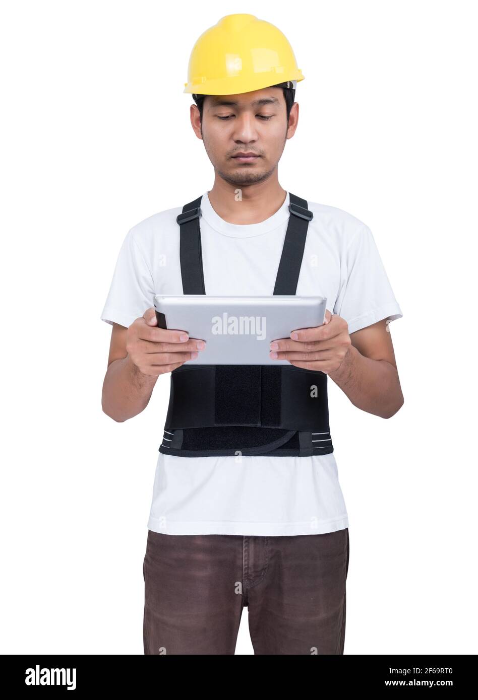 Portrait engineer with touchscreen tablet device in business isolated ...