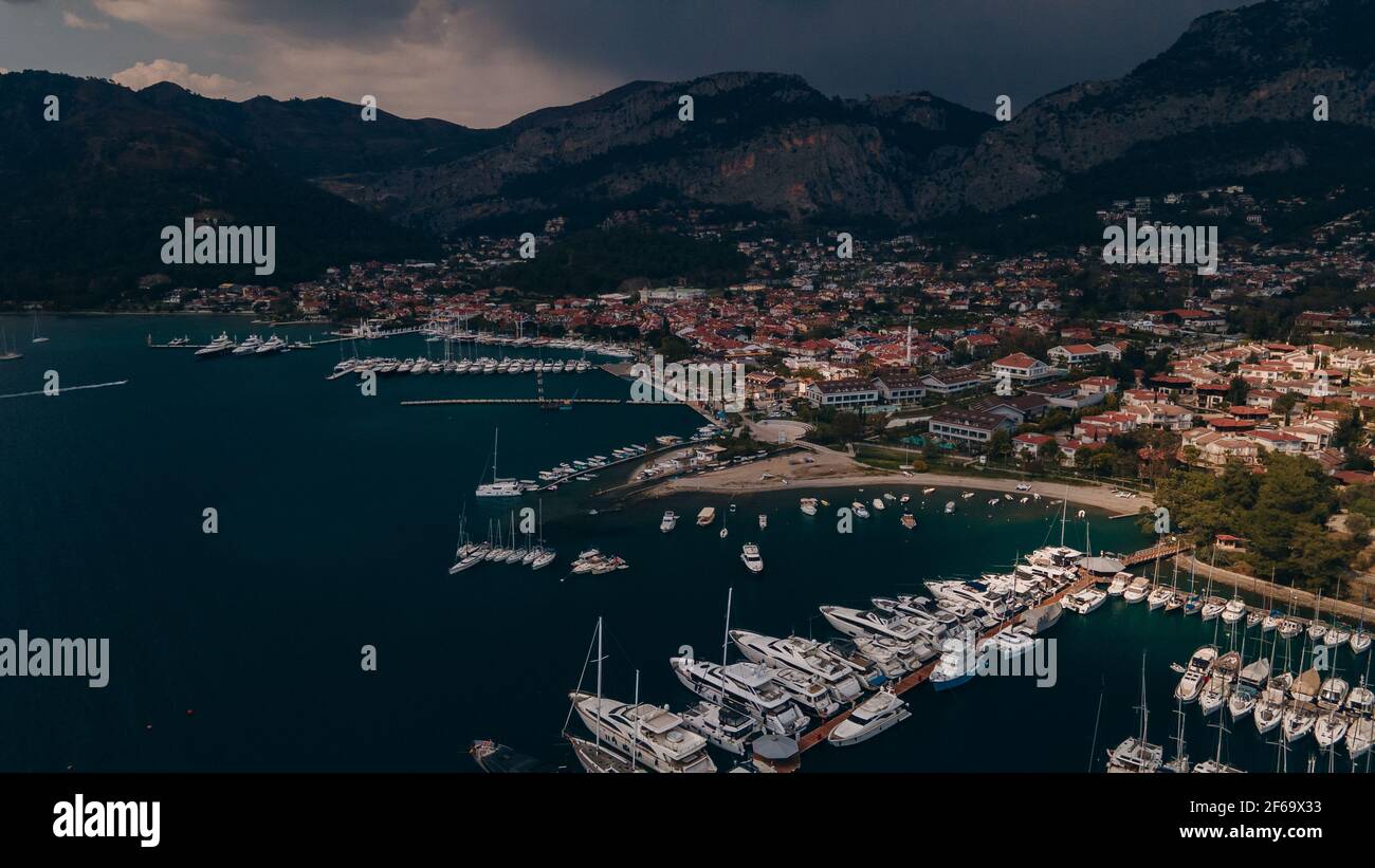 Gocek harbor, bay and city of skyline aerial view. Mediterranean coast ...
