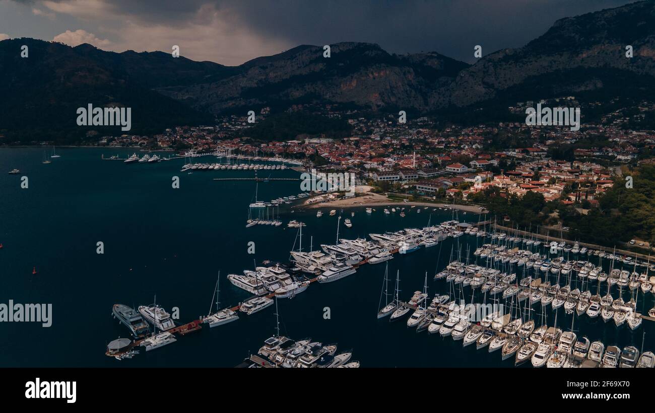 Gocek harbor, bay and city of skyline aerial view. Mediterranean coast ...