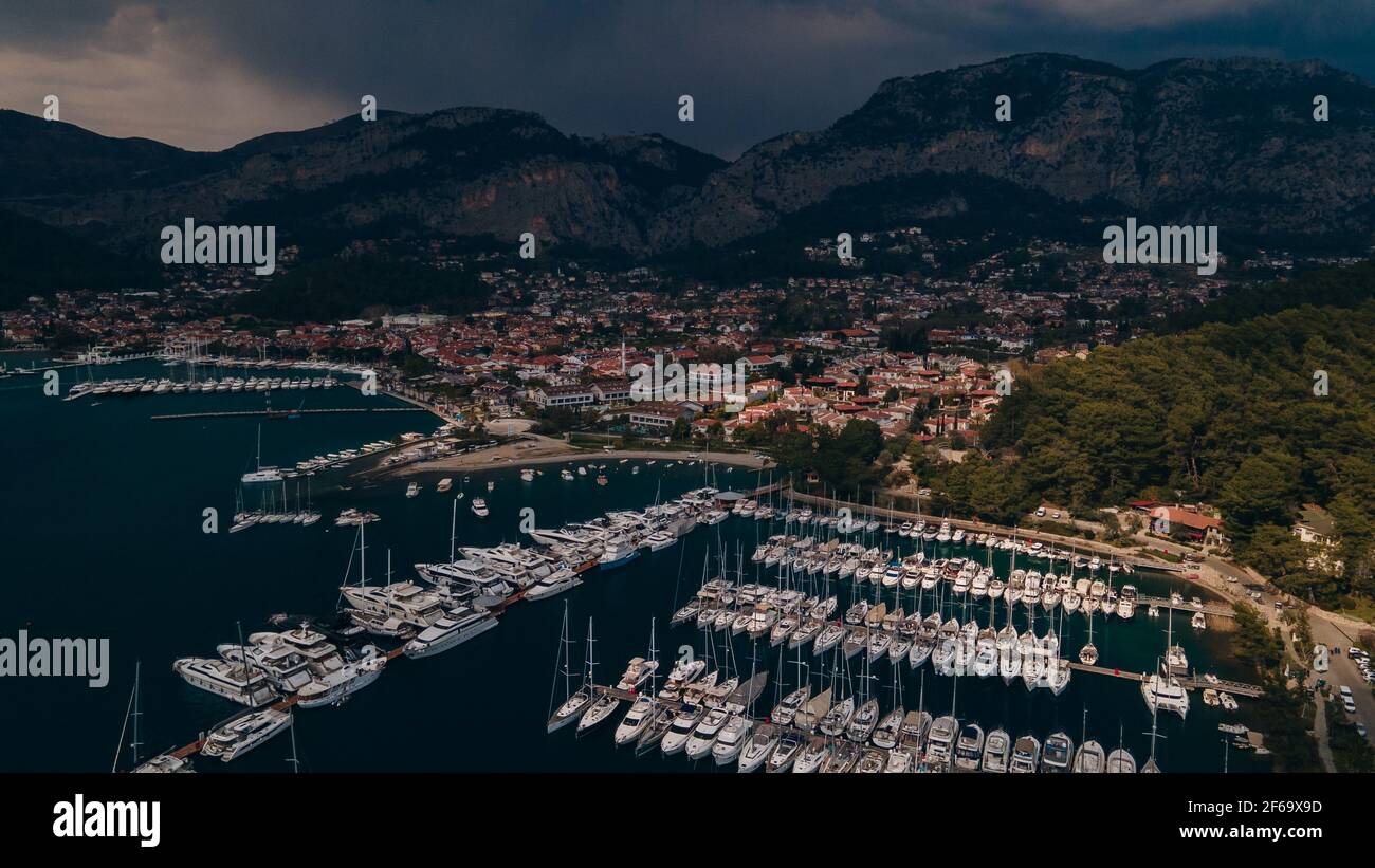 Gocek harbor, bay and city of skyline aerial view. Mediterranean coast ...
