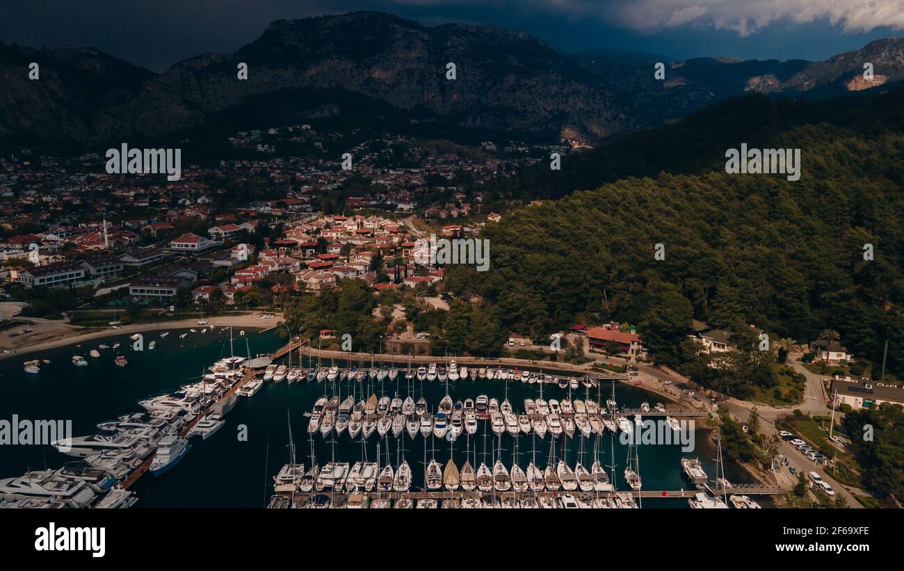 Gocek harbor, bay and city of skyline aerial view. Mediterranean coast ...