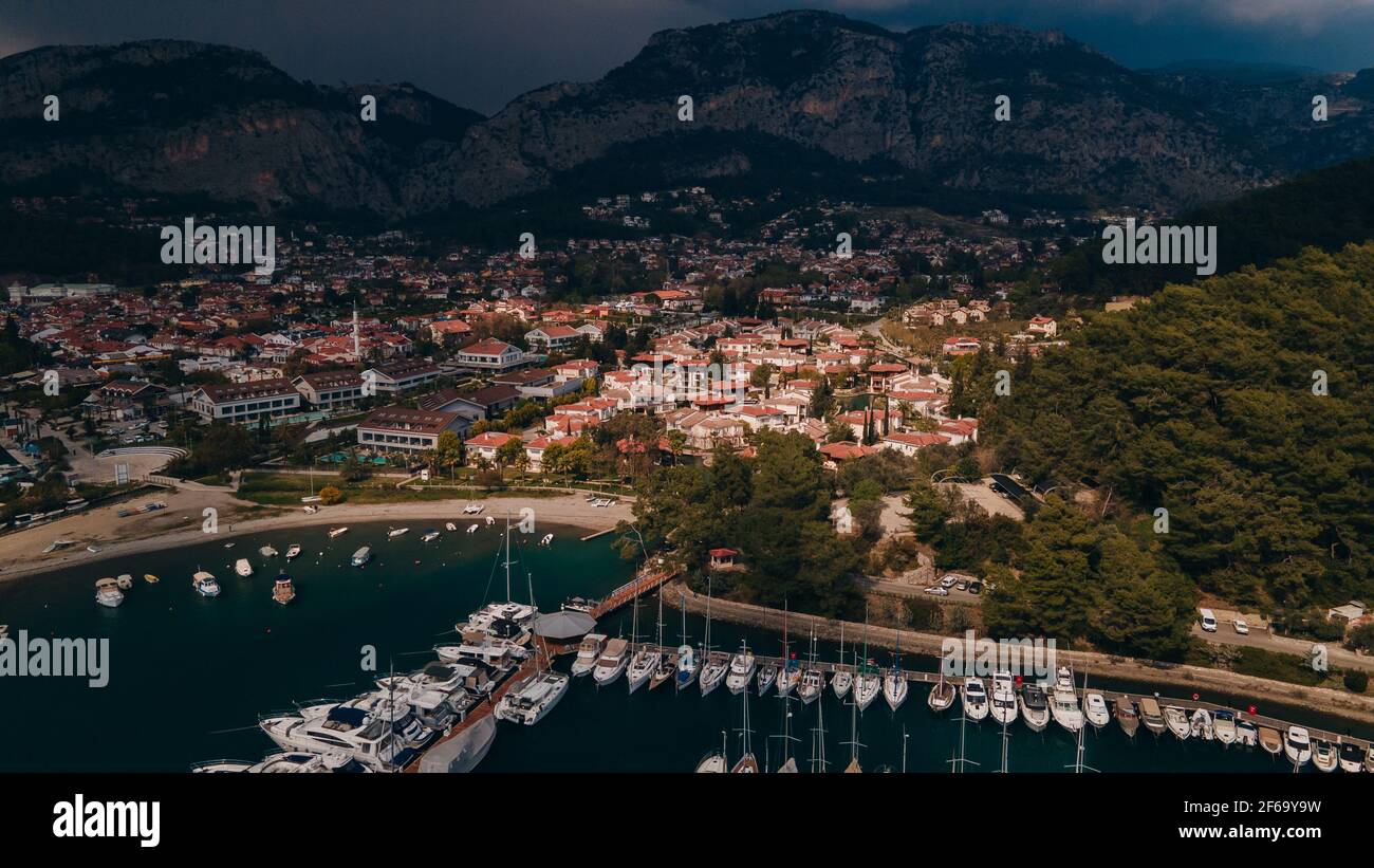 Gocek harbor, bay and city of skyline aerial view. Mediterranean coast ...