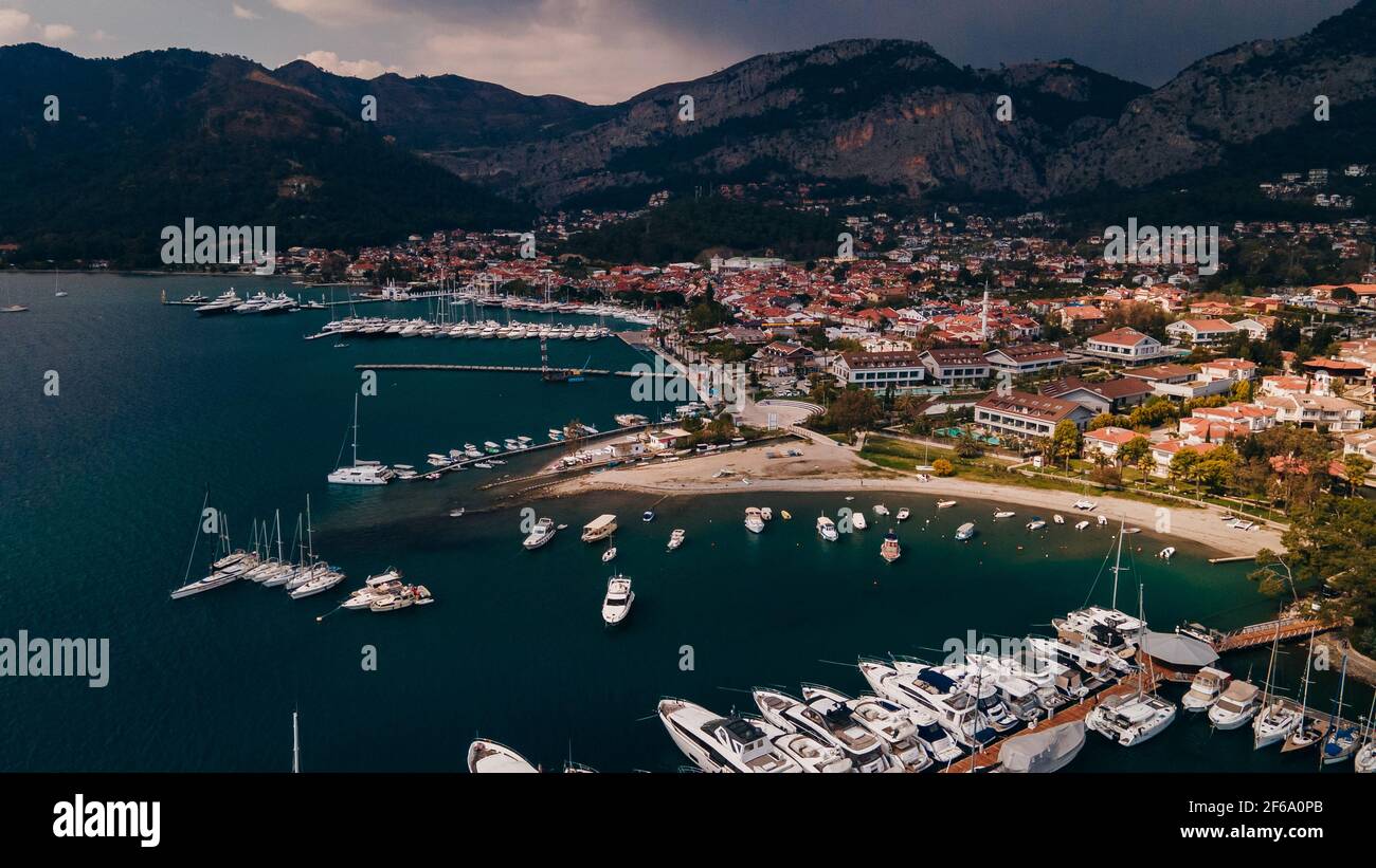 Gocek harbor, bay and city of skyline aerial view. Mediterranean coast ...