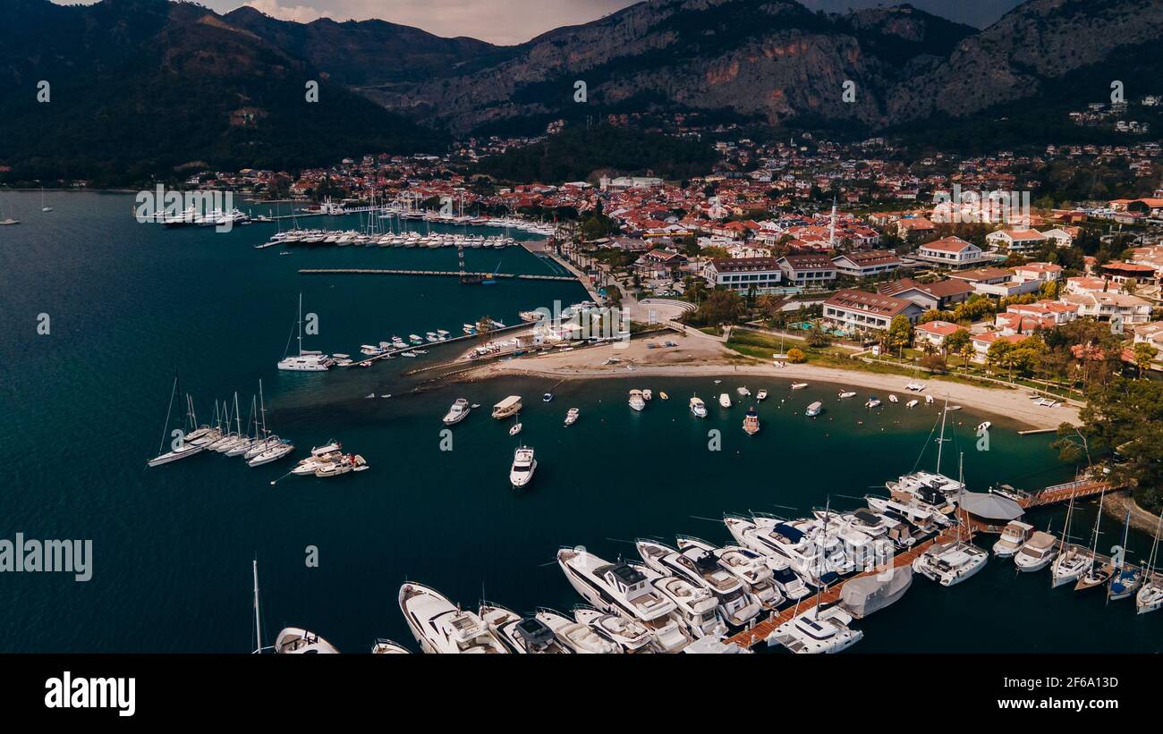 Gocek harbor, bay and city of skyline aerial view. Mediterranean coast ...