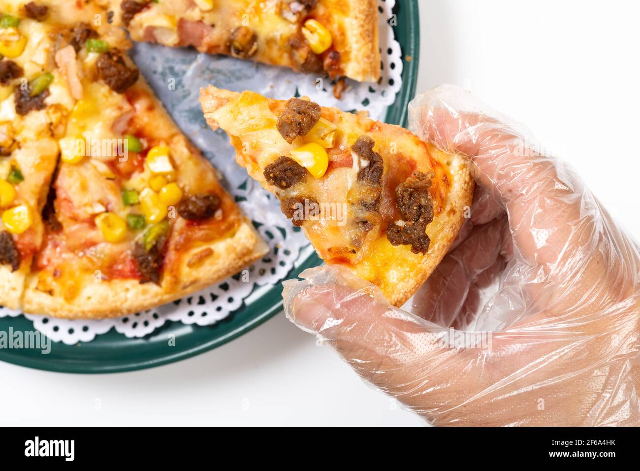 top view eating fresh pizza with beef and bacon Stock Photo - Alamy