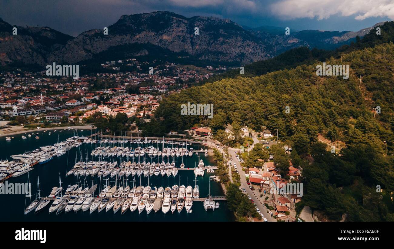 Gocek harbor, bay and city of skyline aerial view. Mediterranean coast ...