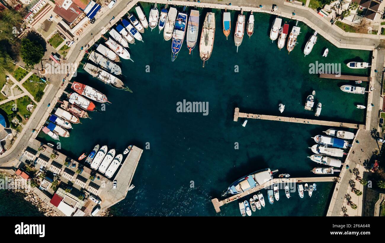 aerial view of Old harbour in Antalya, Turkey. Port in the Kaleici old ...
