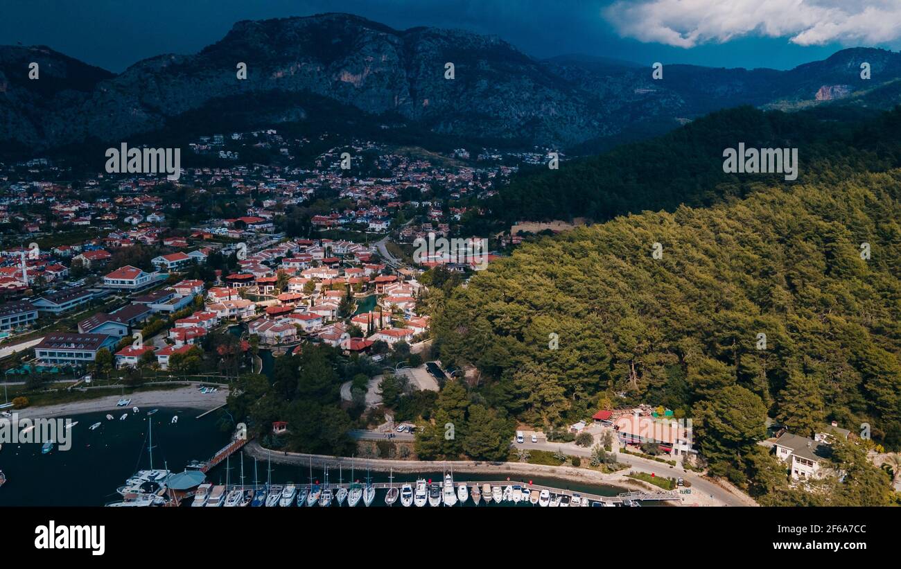 Gocek harbor, bay and city of skyline aerial view. Mediterranean coast ...