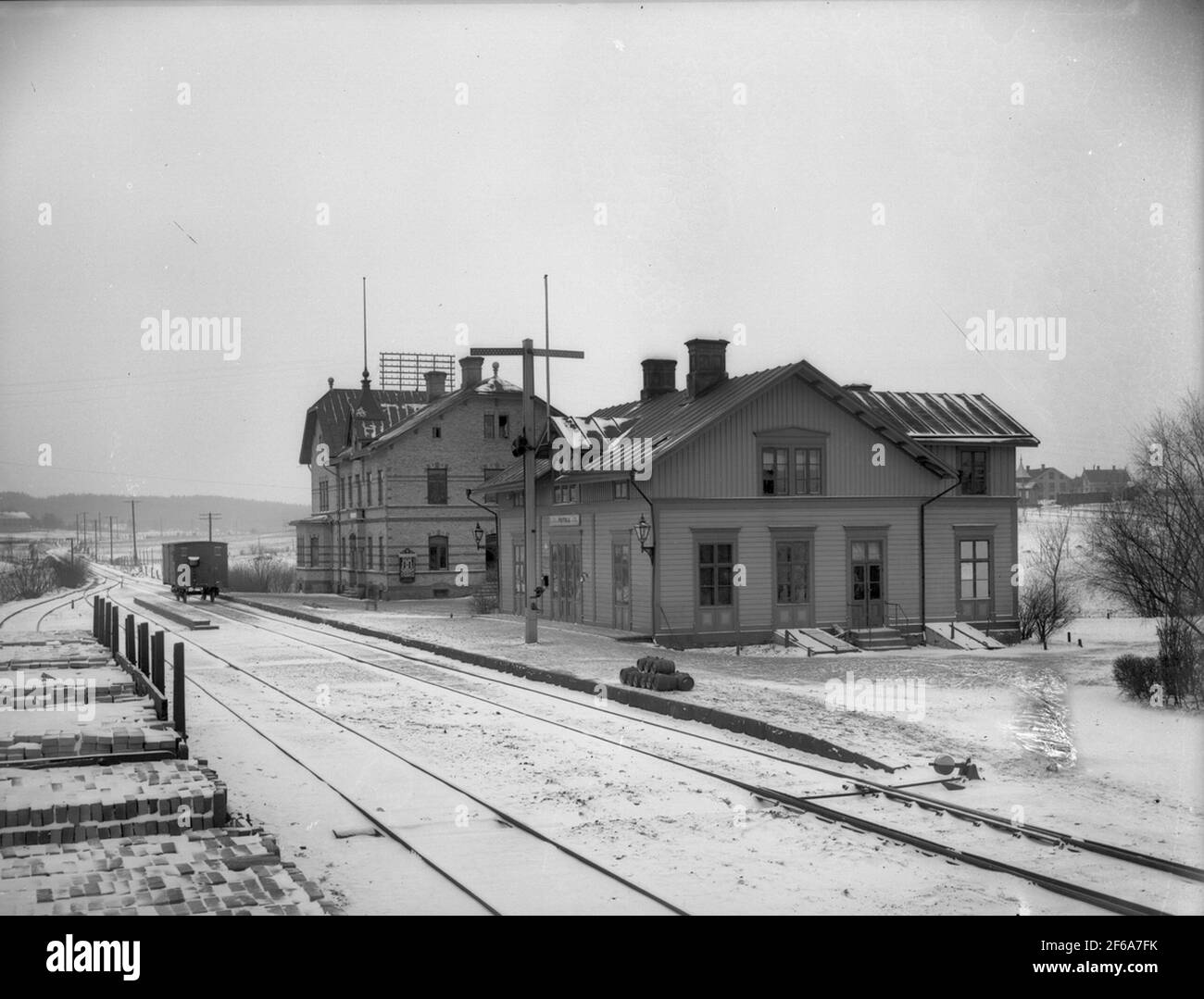 Fritsla railway station and railway hotel Stock Photo - Alamy