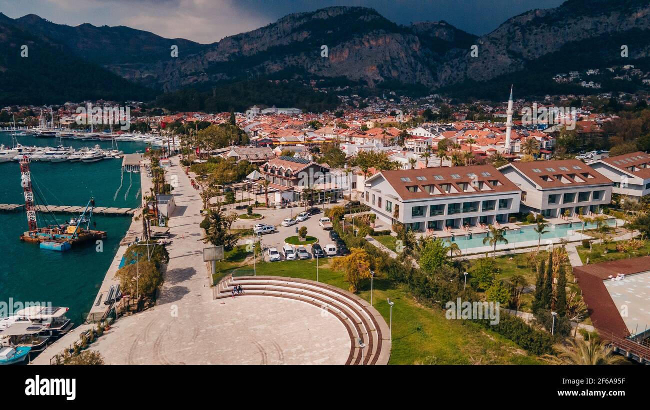 Gocek harbor, bay and city of skyline aerial view. Mediterranean coast ...