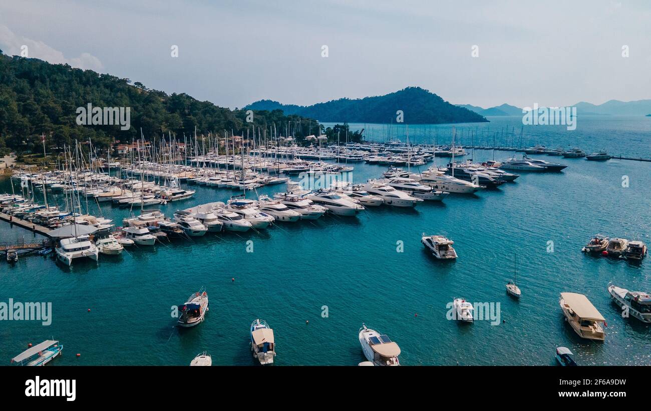 Gocek harbor, bay and city of skyline aerial view. Mediterranean coast ...