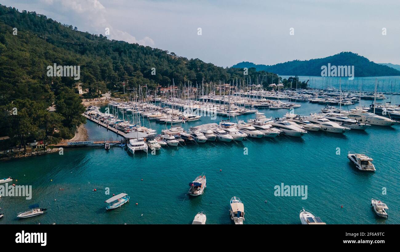 Gocek harbor, bay and city of skyline aerial view. Mediterranean coast ...