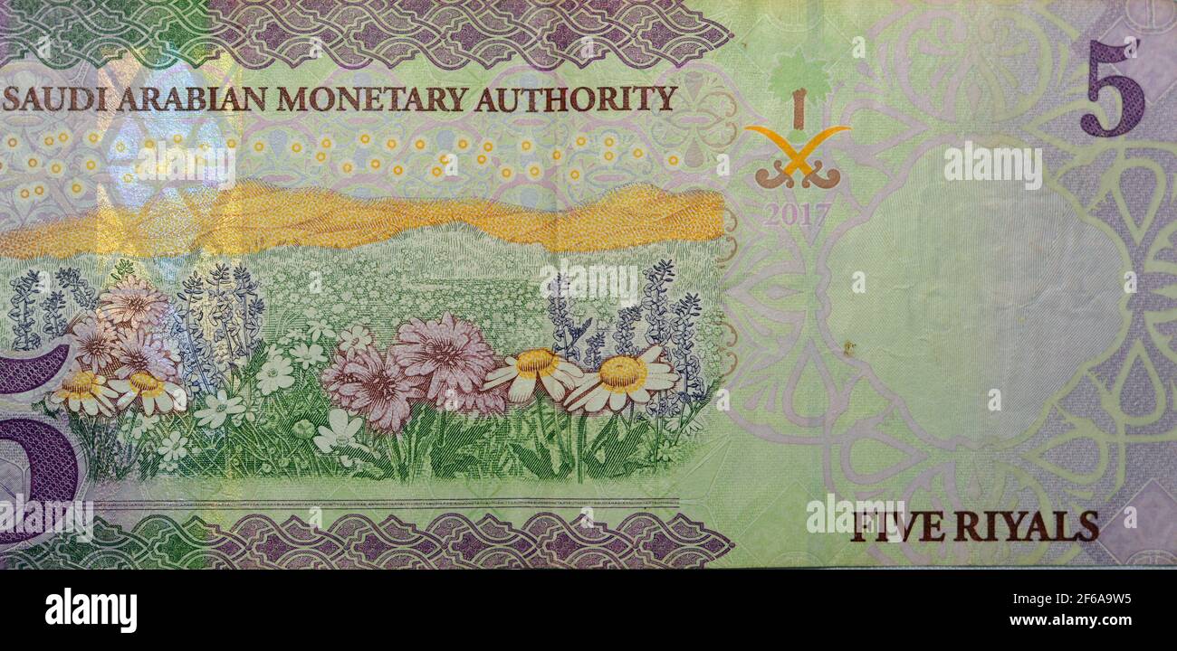 Saudi five riyals banknote, Saudi Arabian 5 riyals money background ...