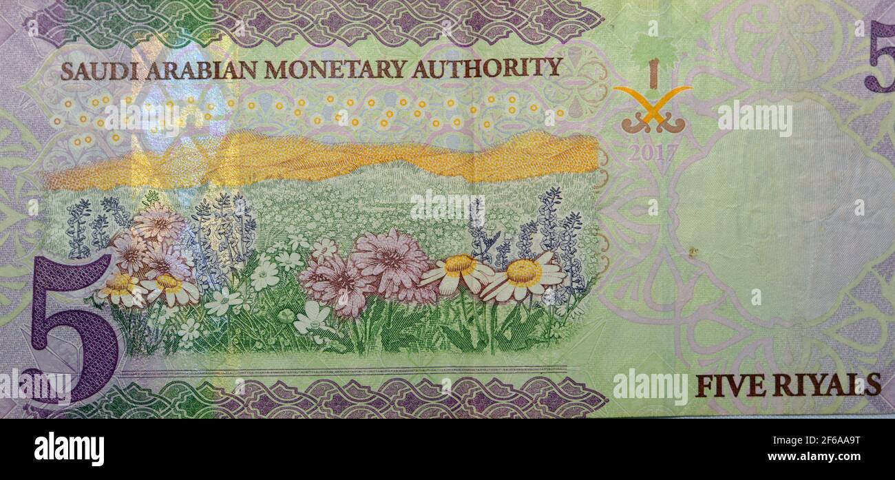 Saudi five riyals banknote, Saudi Arabian 5 riyals money background ...