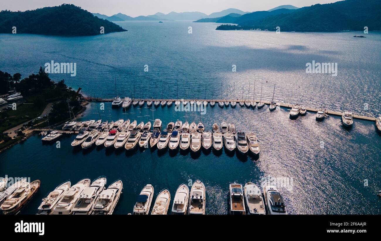 Gocek harbor, bay and city of skyline aerial view. Mediterranean coast ...