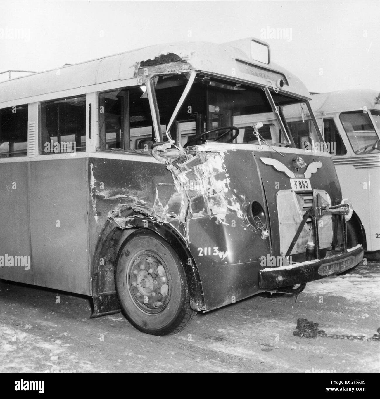 State Railways, SJ Bus 2113. Crashed bus Scania-Vabis B16 Stock Photo ...