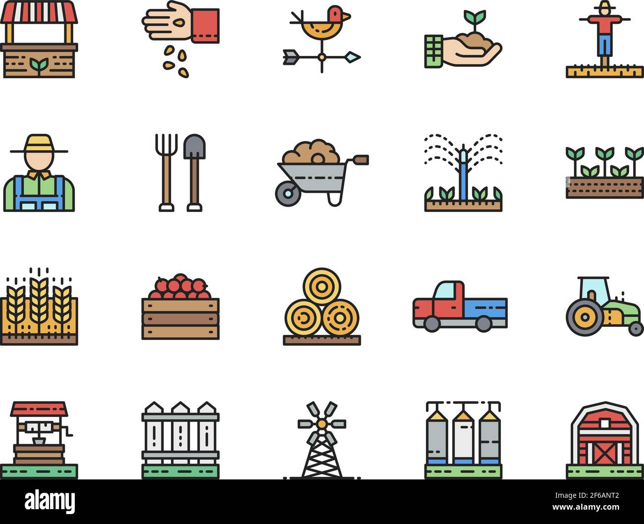 Set of Farming Flat Color Line Icons. Farmer, Tractor, Millwheel and ...