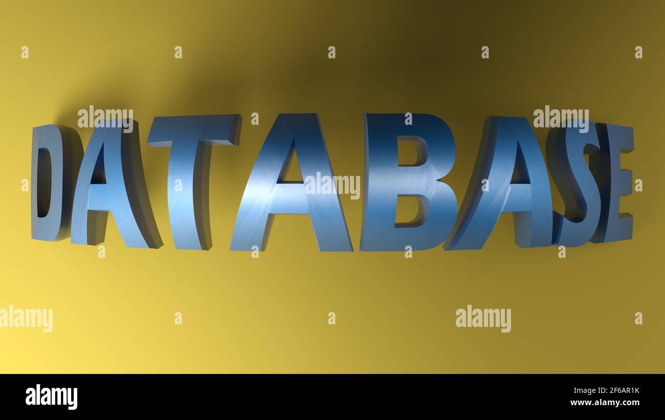 DATABASE blue glossy write on yellow background - 3D rendering ...