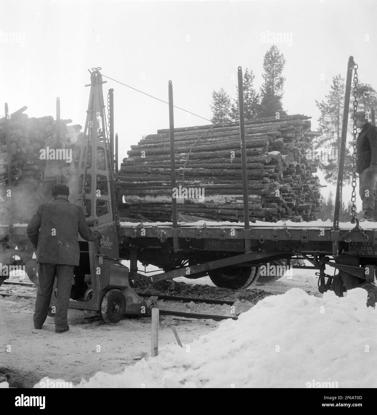 Loading timber from truck to freight wagon with Puller Timber Loader ...