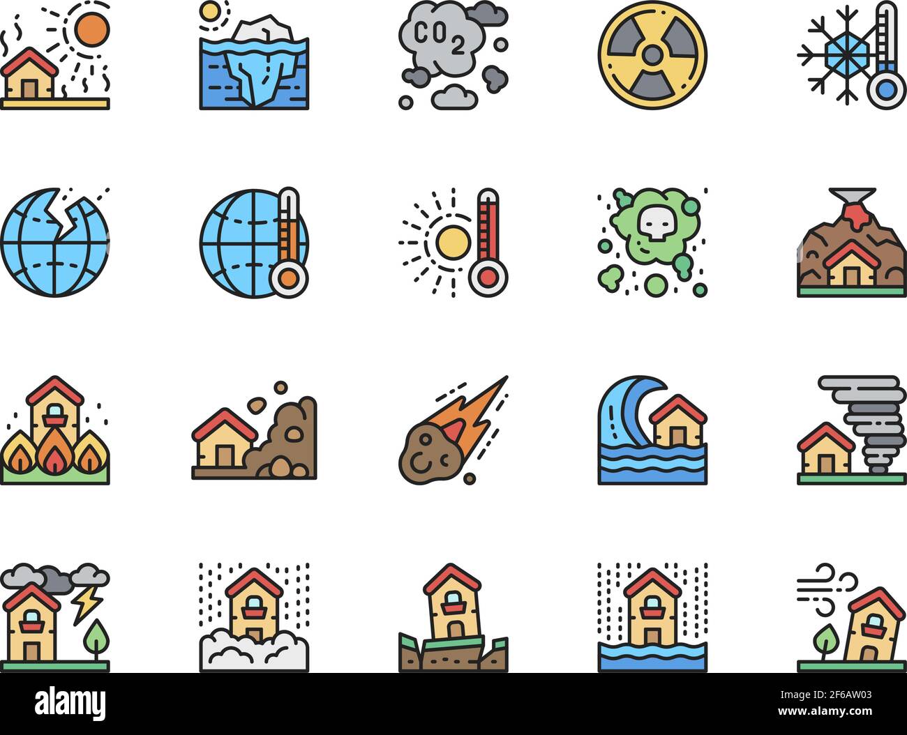 Set of Natural Disaster Flat Color Line Icons. Drought, Global Warming ...