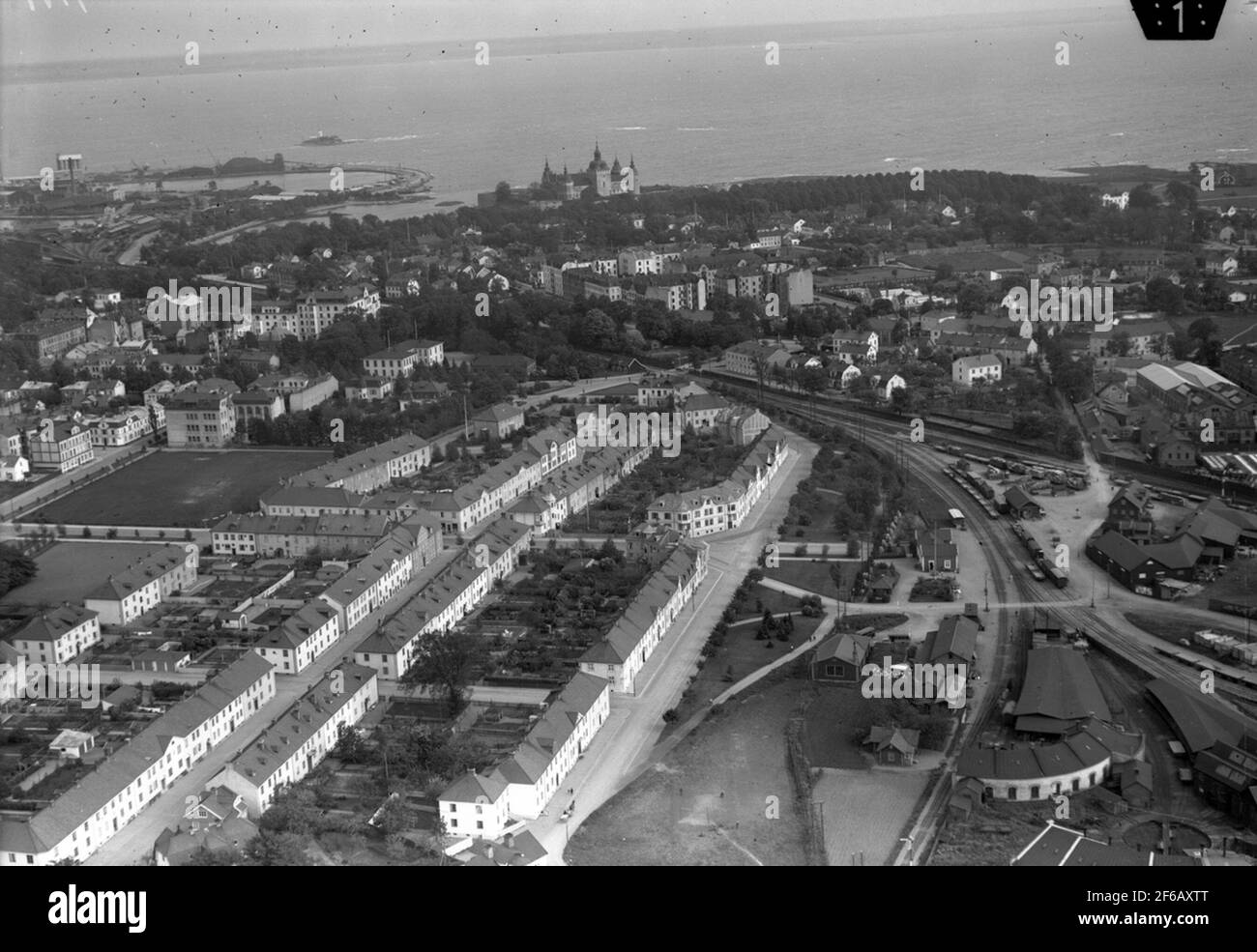 Aerial view of the West Station Station is called "Kalmar Central" from ...
