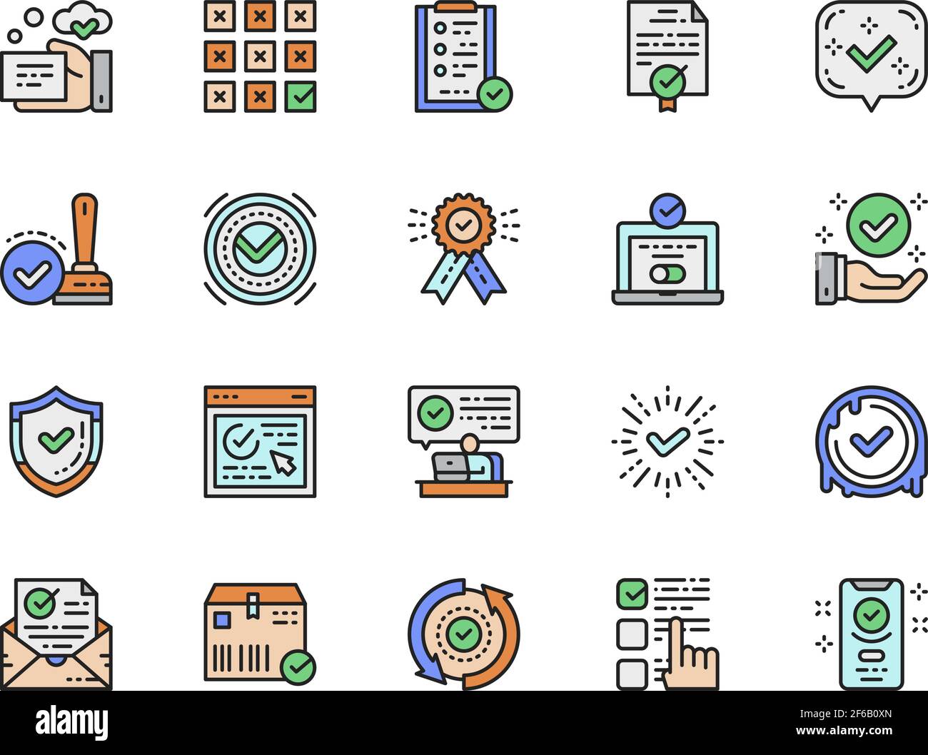 Set of Approve Flat Color Line Icons. Certificate, Quality Control and ...