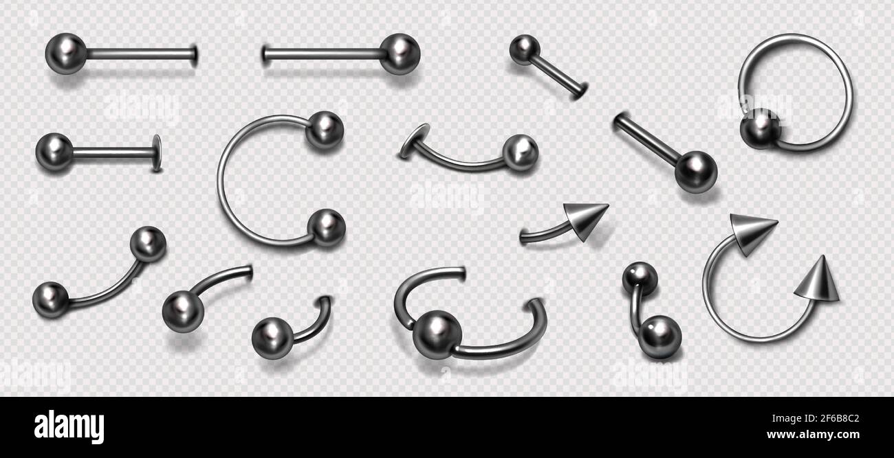 Set of piercing jewelry, metal pierce rings, barbell with balls and ...
