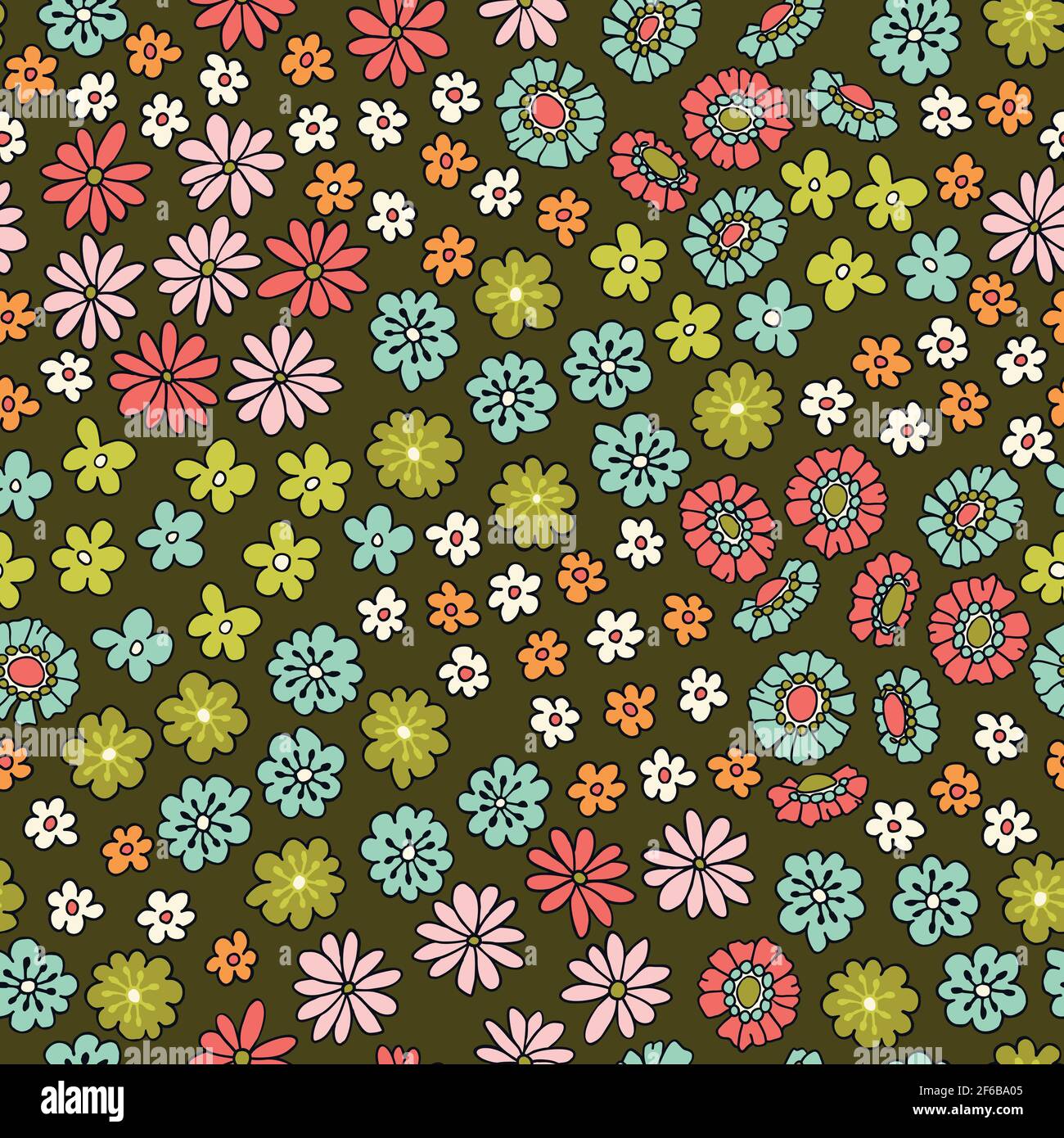 Colorful Small Scale Hand-Drawn Floral Vector Seamless Pattern. 70s ...