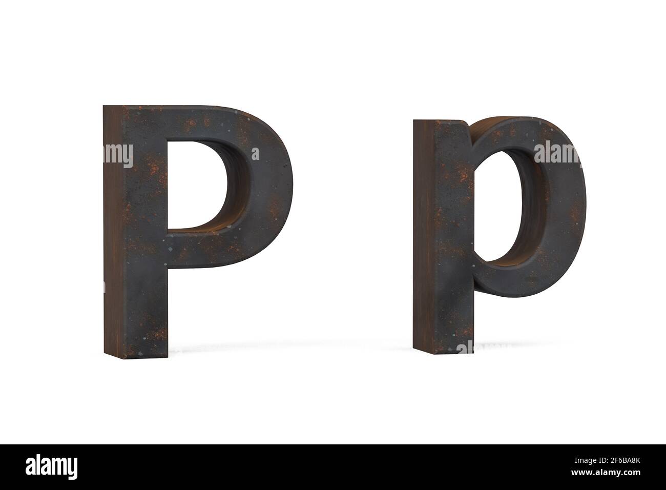 Rusty letter P - three dimensional uppercase and lowercase P on white ...