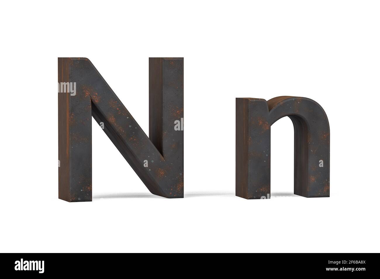 Rusty letter N - three dimensional uppercase and lowercase N on white ...