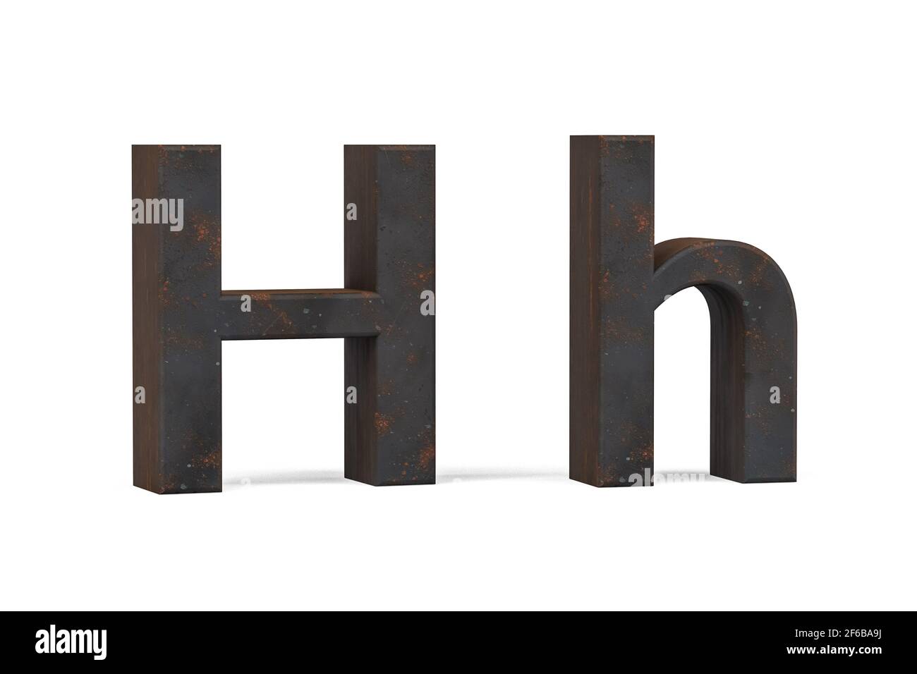 Rusty letter H - three dimensional uppercase and lowercase H on white ...