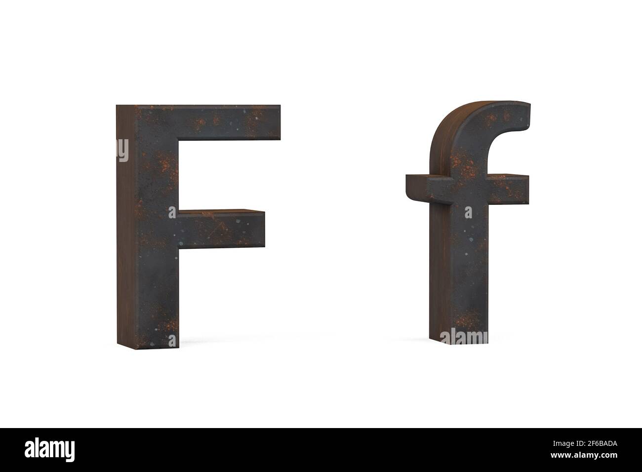 Rusty letter F - three dimensional uppercase and lowercase F on white ...